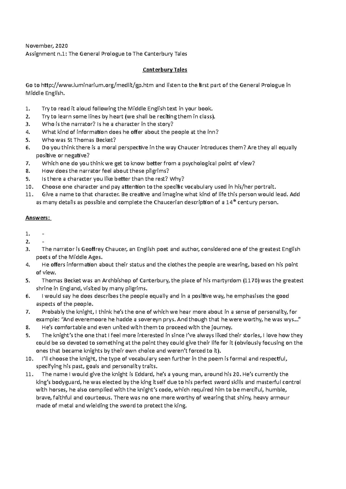 Assignment 1 - The General Prologue to The Canterbury Tales - November ...