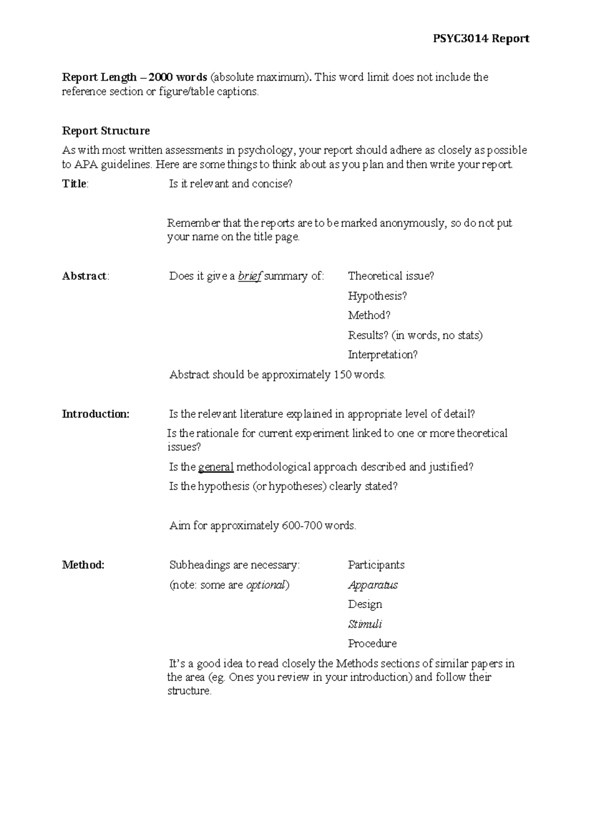 PSYC3014 Report Writing Guide 2023 - Report Length – 2000 words ...