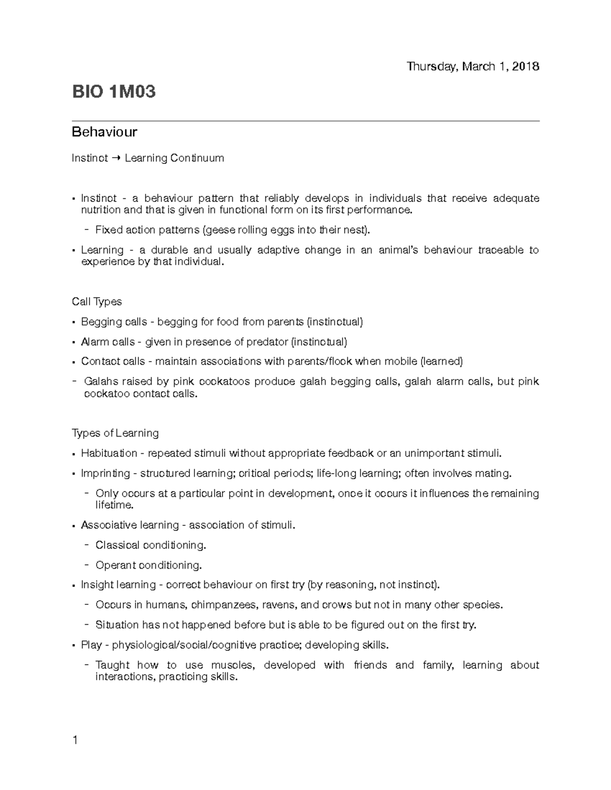 BIO 1M03 - Behaviour - Thursday, March 1, 2018 BIO 1M Behaviour ...