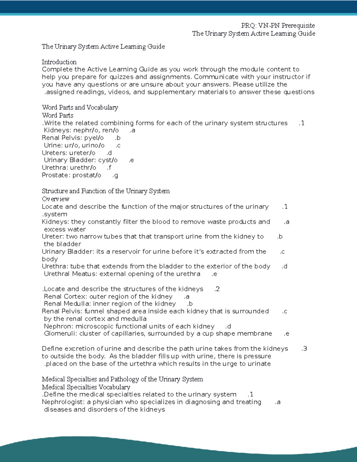 Urinary System Active Learning Guide - Communicate with your instructor ...