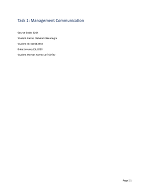 C204 Task 1 Complete - Task 1 - Management Communications Task 1 Western Governors University ...