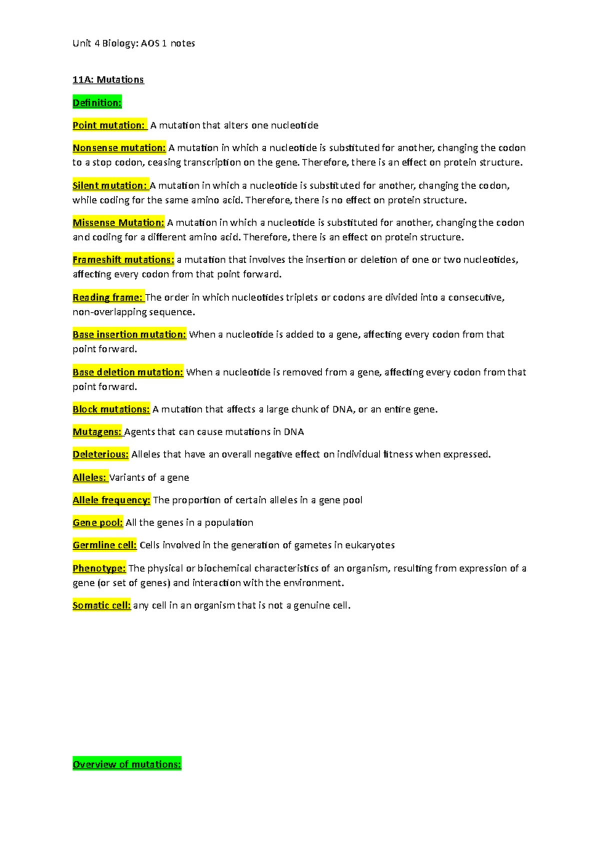 11A notes from lecture 1 - Unit 4 Biology: AOS 1 notes 11A: Mutations ...