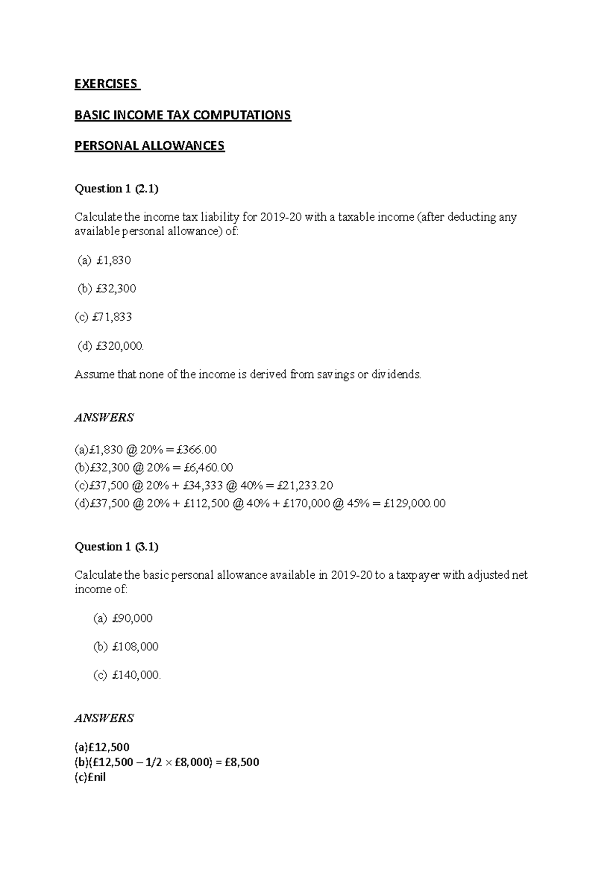 TAX Exercises - Basic income tax computations Answers - EXERCISES BASIC ...