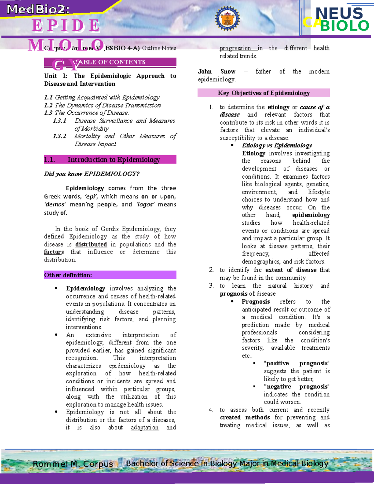 Epidemiology Introduction - Corpuz, Rommel M (BSBIO 4-A) Outline Notes ...
