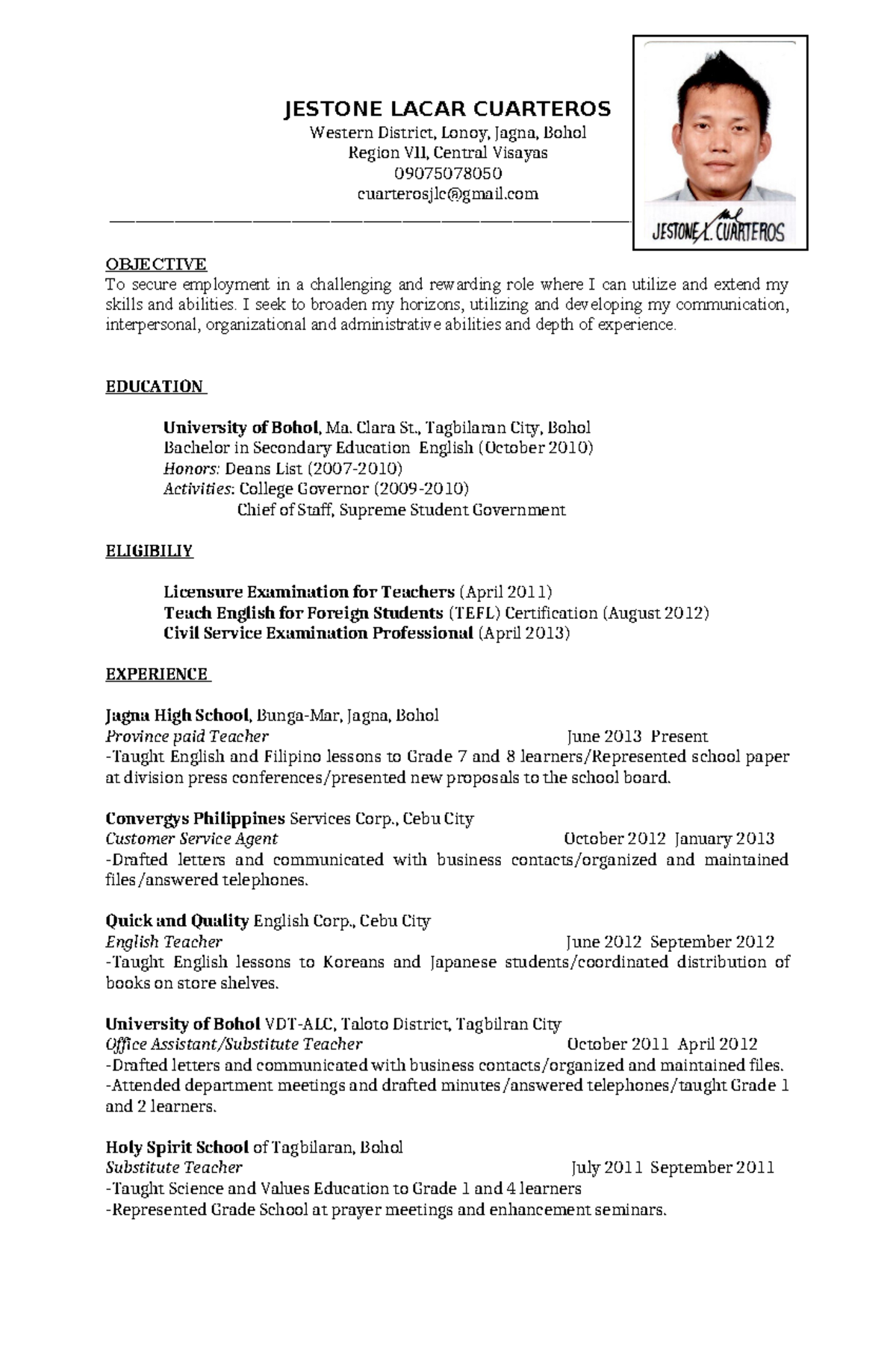 Application for Assistant Language Teacher (ALT) - JESTONE LACAR ...