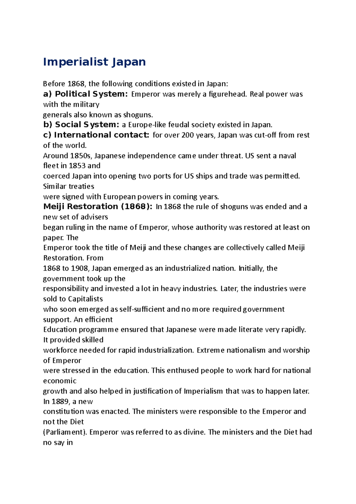 Imperialism in Japan, US - Imperialist Japan Before 1868, the following ...