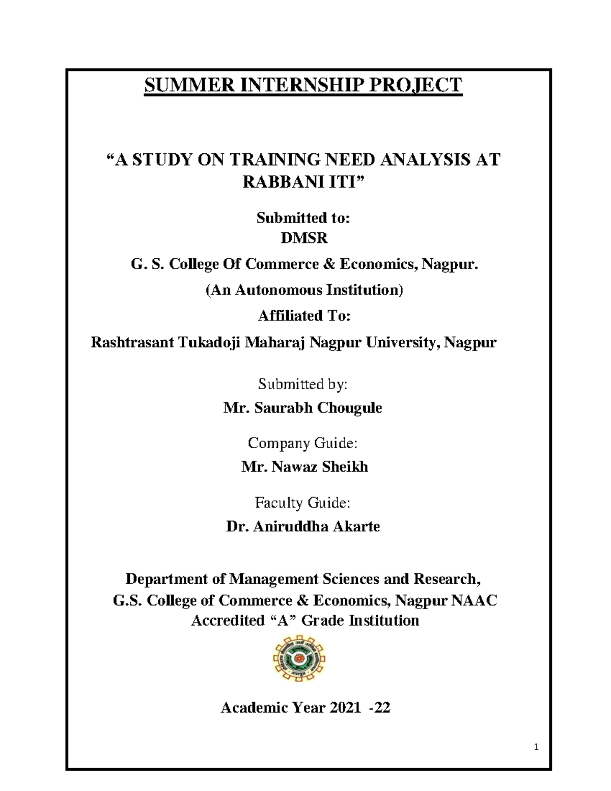 50 - SIP Project - SUMMER INTERNSHIP PROJECT “A STUDY ON TRAINING NEED ...