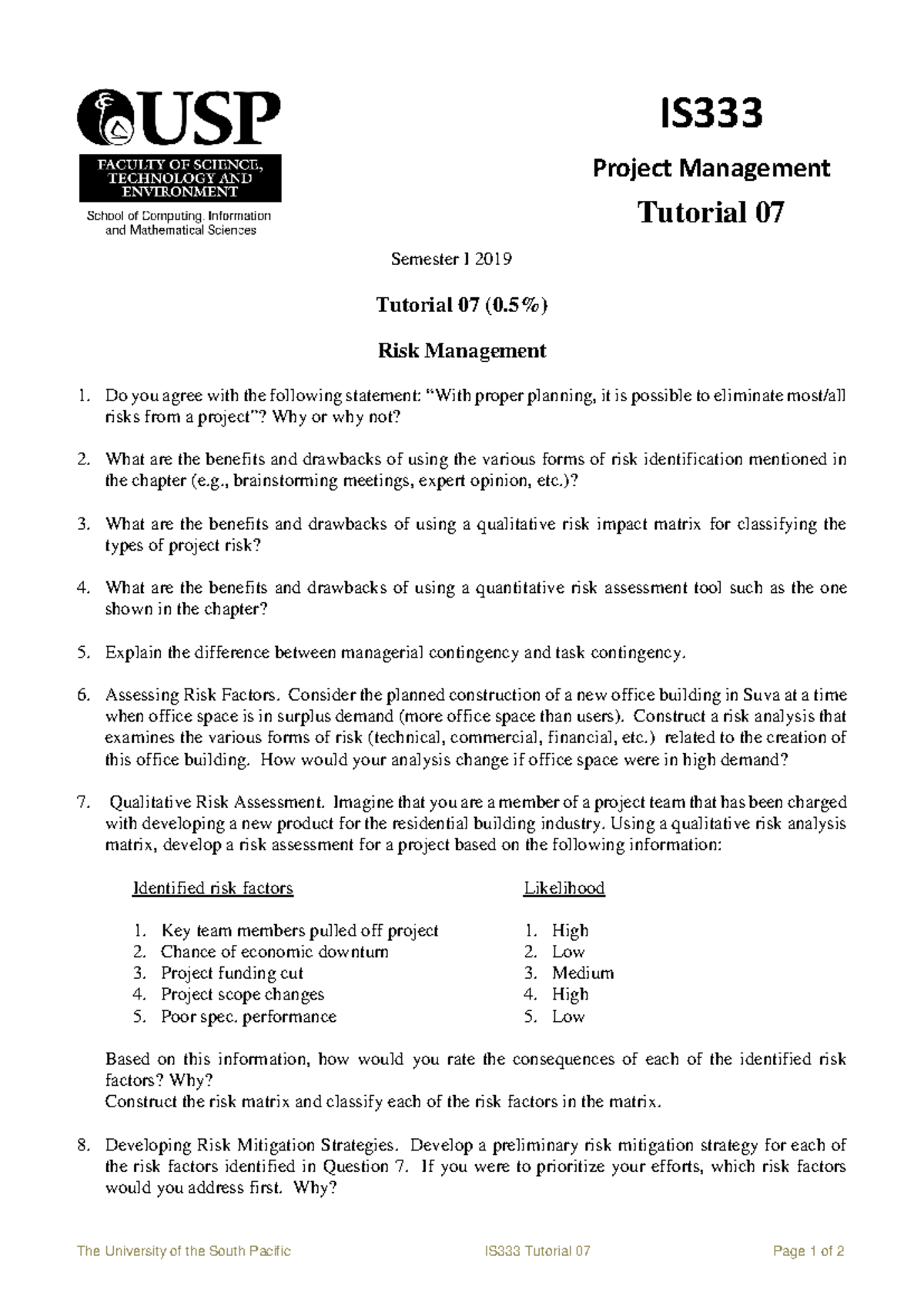 Tutorial 07 - Risk Management - The University of the South Pacific ...