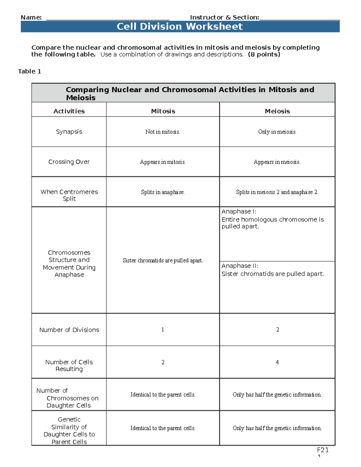 8 Cell Division Lab Worksheet F21 - Compare the nuclear and chromosomal ...