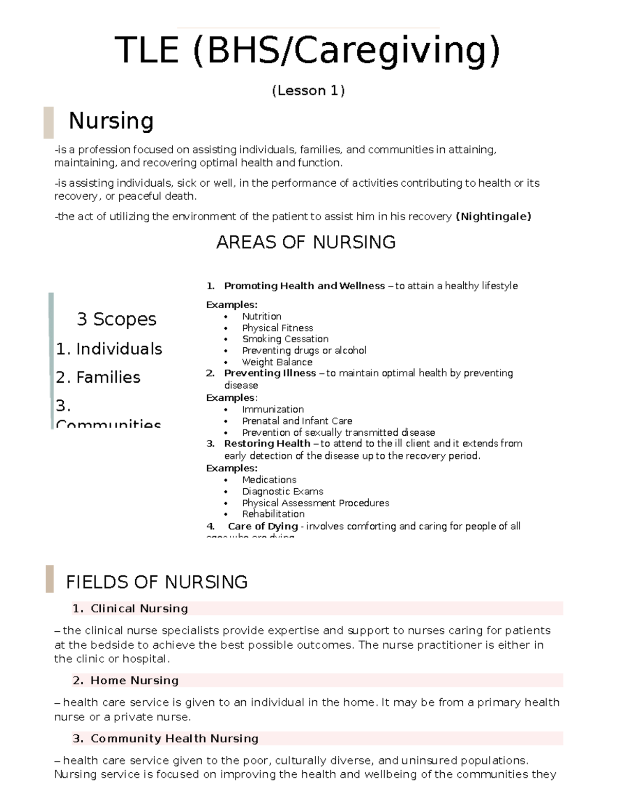 TLE 1 - Nursing - TLE (BHS/Caregiving) (Lesson 1) Nursing -is a profession focused on assisting ...