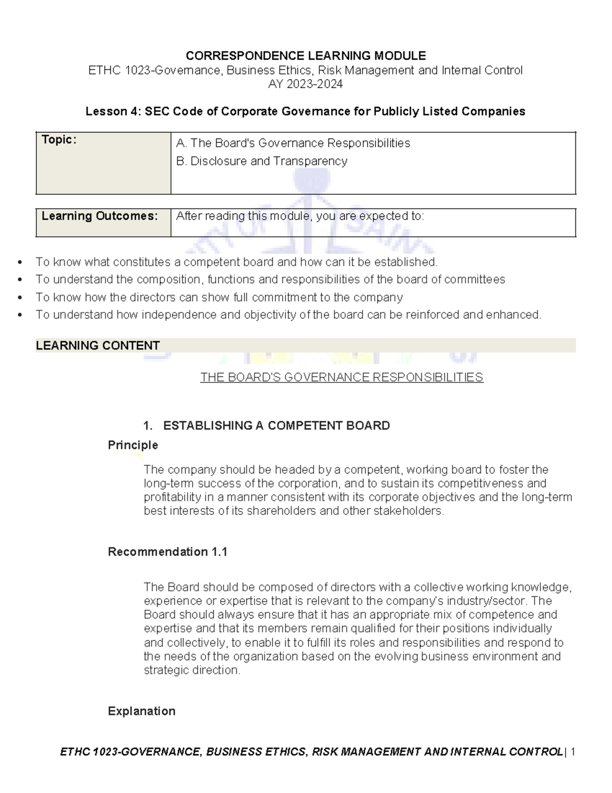 Week 4-ETHC 1023 - CORRESPONDENCE LEARNING MODULE ETHC 1023-Governance ...