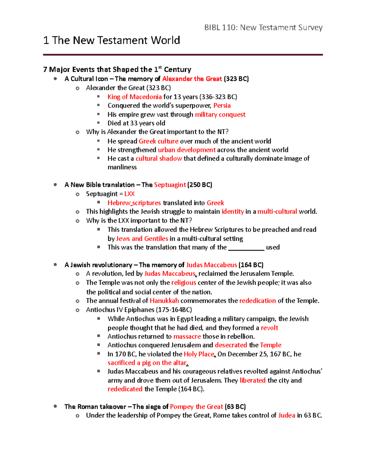 1 New Testament World - Notes - BIBL 110: New Testament Survey 1 The ...