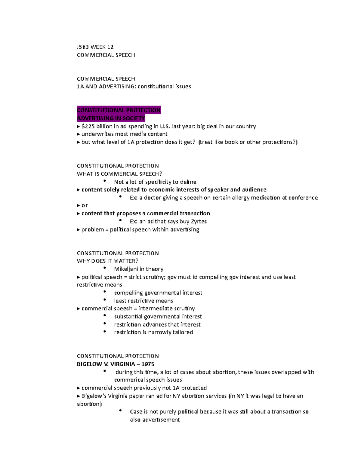 Lecture Commercial Speech & FTC - J563 WEEK 12 COMMERCIAL SPEECH ...