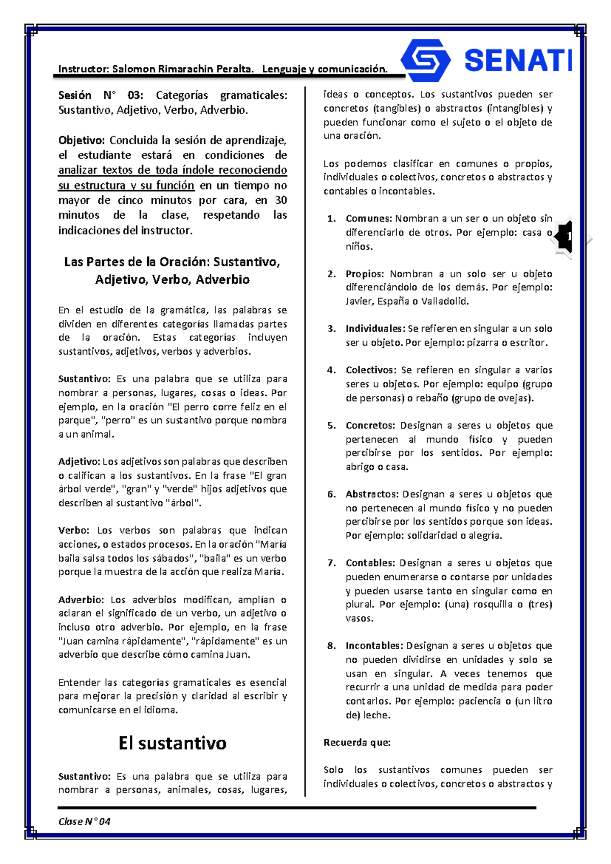 Teoría N° 03 - 1 Sesión N° 03 : Categorías gramaticales: Sustantivo ...