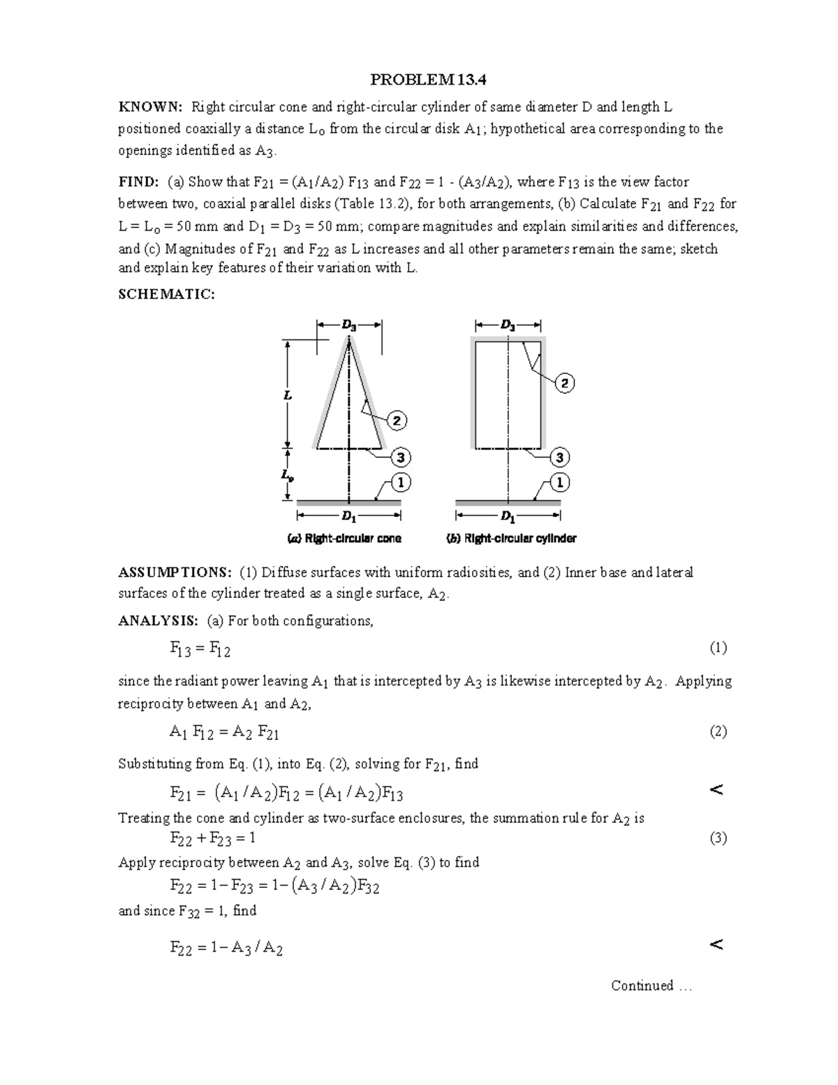 Solution Additional Radiation Problems Part 2 - PROBLEM 13. KNOWN: Right circular cone and - Studocu