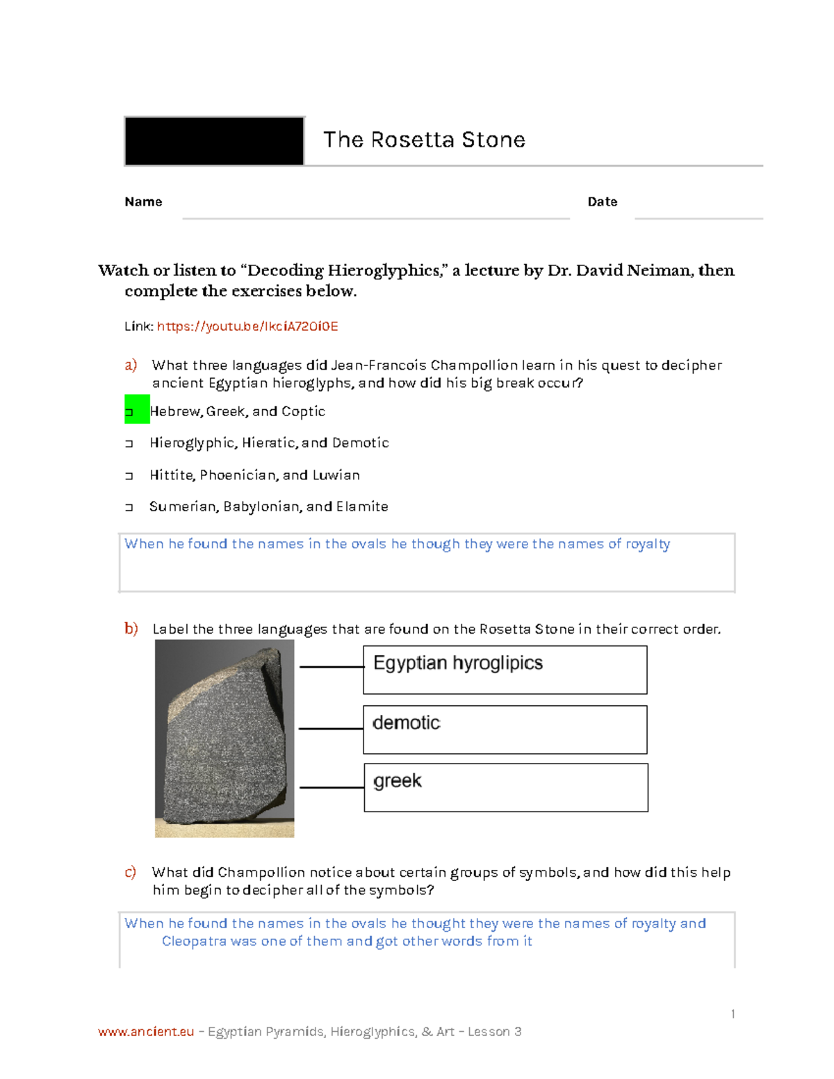 Copy of 3 Egyptian Hieroglyphics & the Rosetta Stone - Worksheet The ...