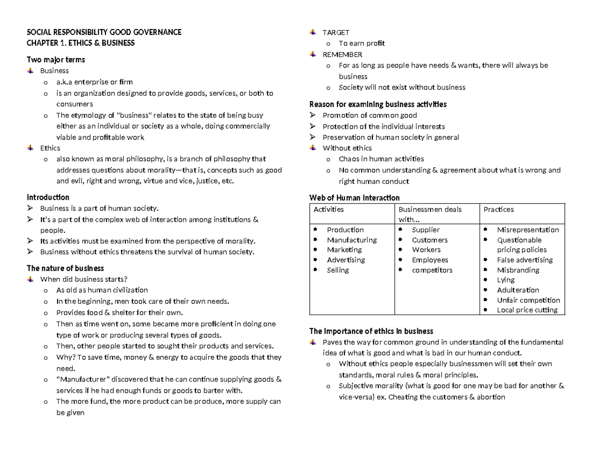 Ethics - lecture notes - SOCIAL RESPONSIBILITY GOOD GOVERNANCE CHAPTER ...