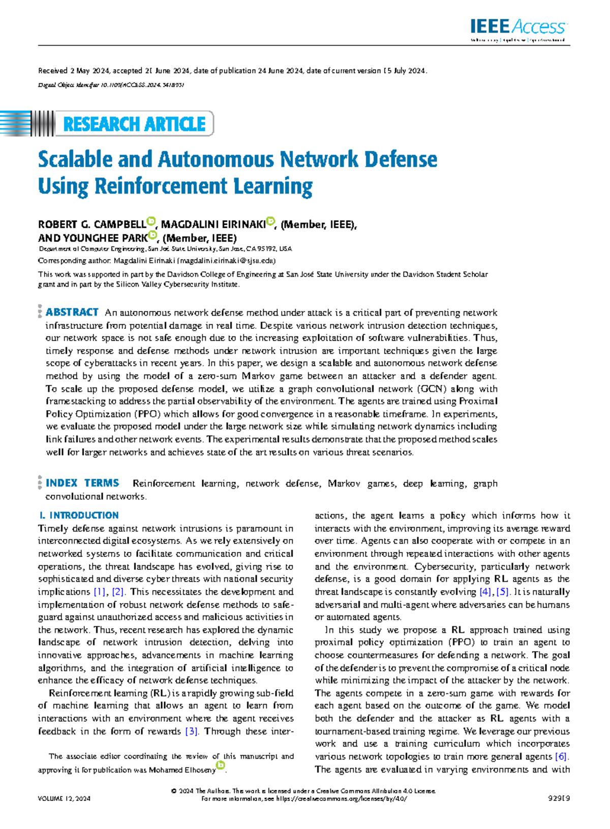 Scalable and Autonomous Network Defense Using Reinforcement Learning - Received 2 May 2024 ...