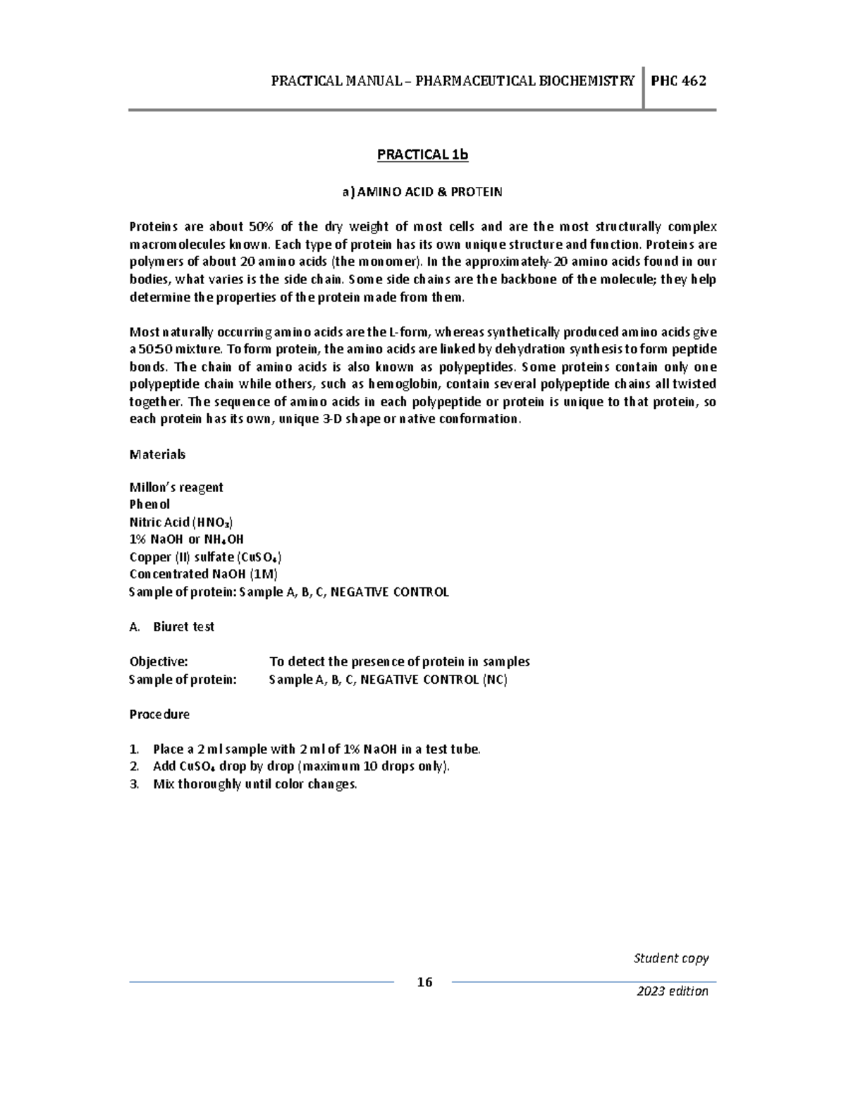 1b PHC462 Pharmaceutical Biochemistry Practical manual - Student copy ...
