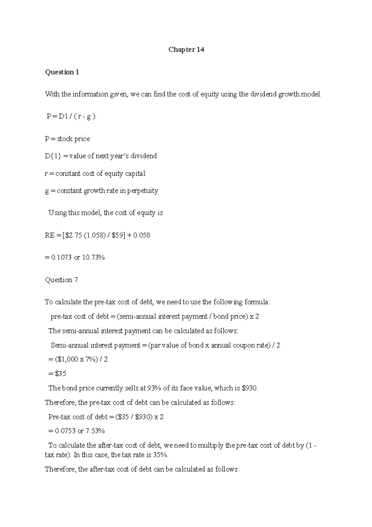 Chapter 14 - busi - Chapter 14 Question 1 With the information given ...