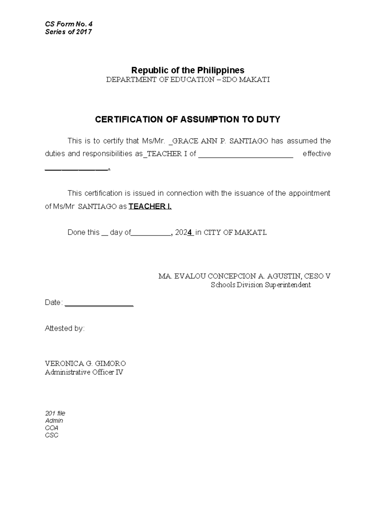 CS-Form-No.-4-Certification-of-Assumption-to-Duty-JULY 2022 - CS Form ...