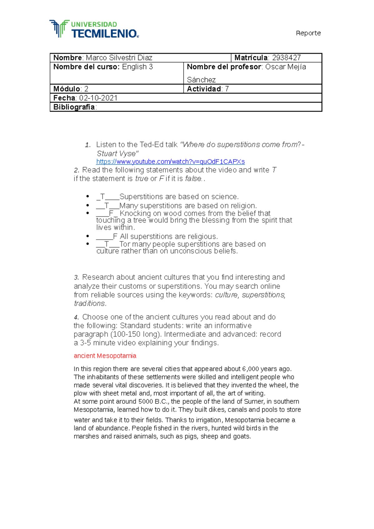 English 3 actividad 7 universidad Tecmilenio canvas - Reporte Nombre ...