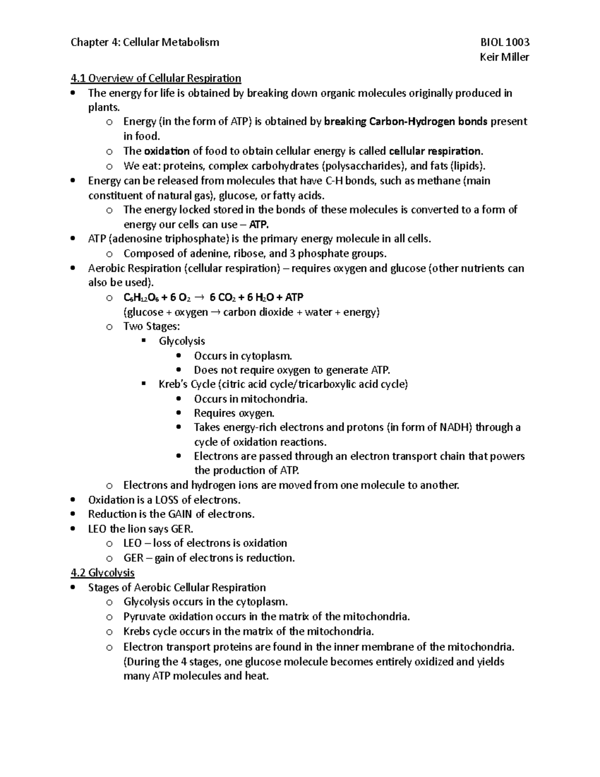Chapter 4 - Cellullar Metabolism - Keir Miller 4 Overview of Cellular ...