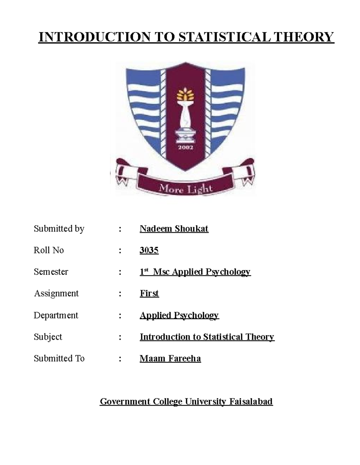 Stat assignment 1 - good asignment - INTRODUCTION TO STATISTICAL THEORY ...