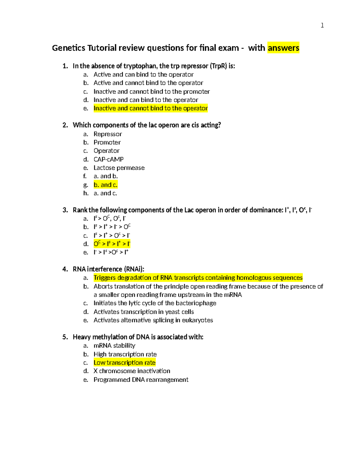 Practice questions - Genetics Tutorial review questions for final exam ...