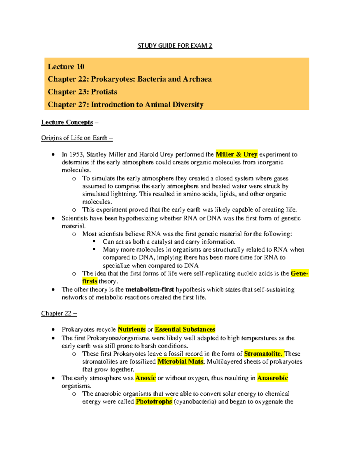 BIO102 EXAM2 Review-1 - Review - STUDY GUIDE FOR EXAM 2 Lecture 1 0 ...