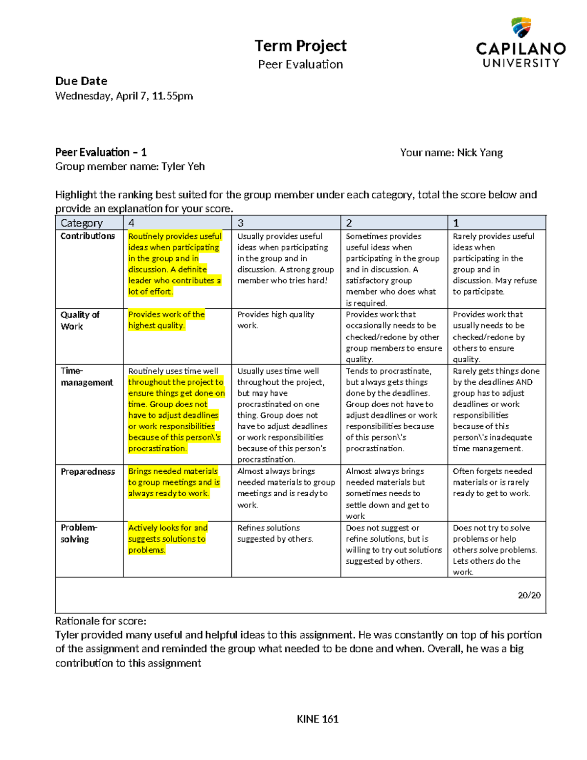 Term Project - Peer Evaluation - Term Project Peer Evaluation Due Date ...