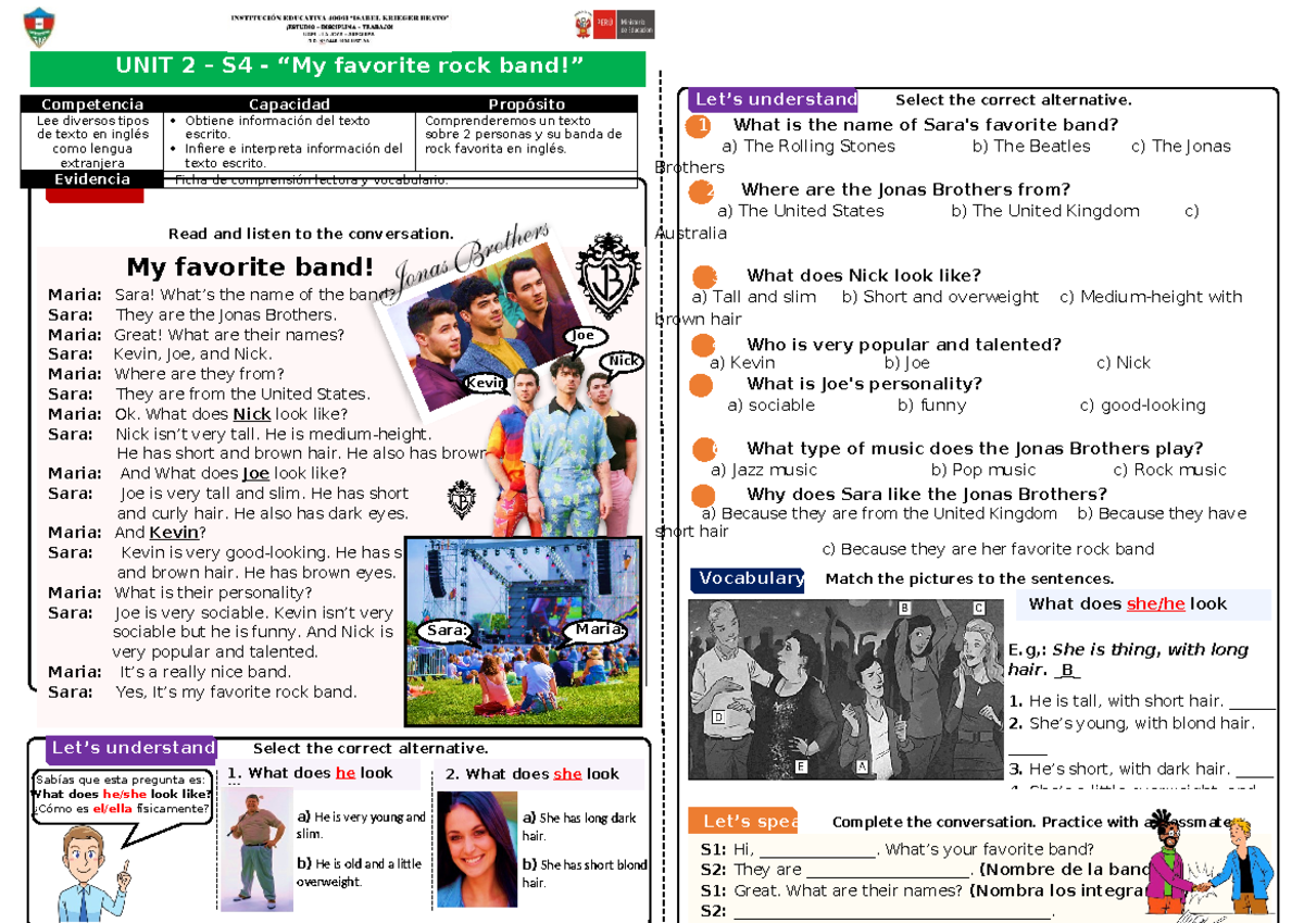 UNIT 2 - Reading 4 - Ciclo VII - 2023 - UNIT 2 – S4 - “My favorite rock ...