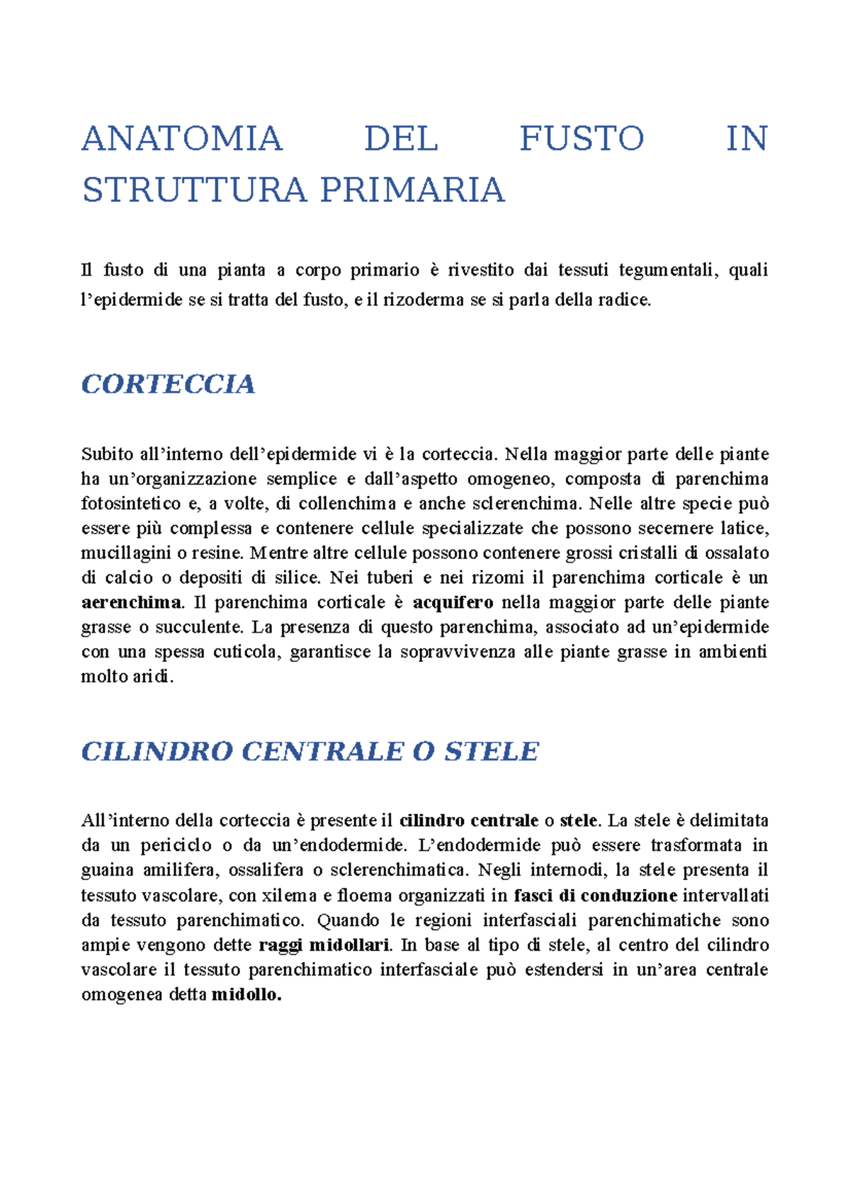 Anatomia DEL Fusto - ANATOMIA DEL FUSTO IN STRUTTURA PRIMARIA Il fusto ...