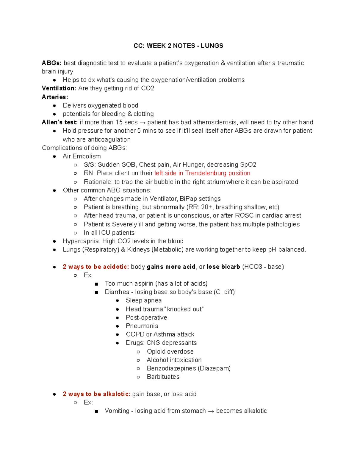 CC WEEK 2 Study Guide - Lungs - CC: WEEK 2 NOTES - LUNGS ABGs: best ...