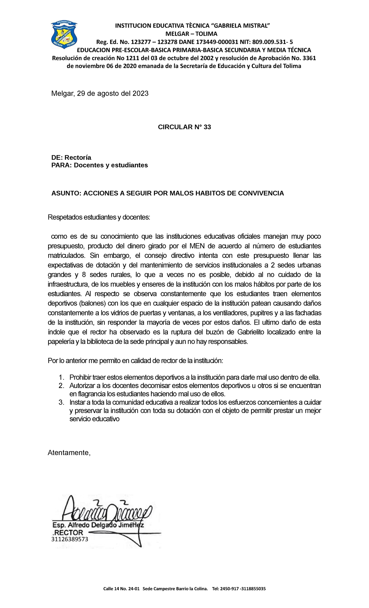 Circular No 33 - sssss - 31126389573 INSTITUCION EDUCATIVA TÈCNICA ...