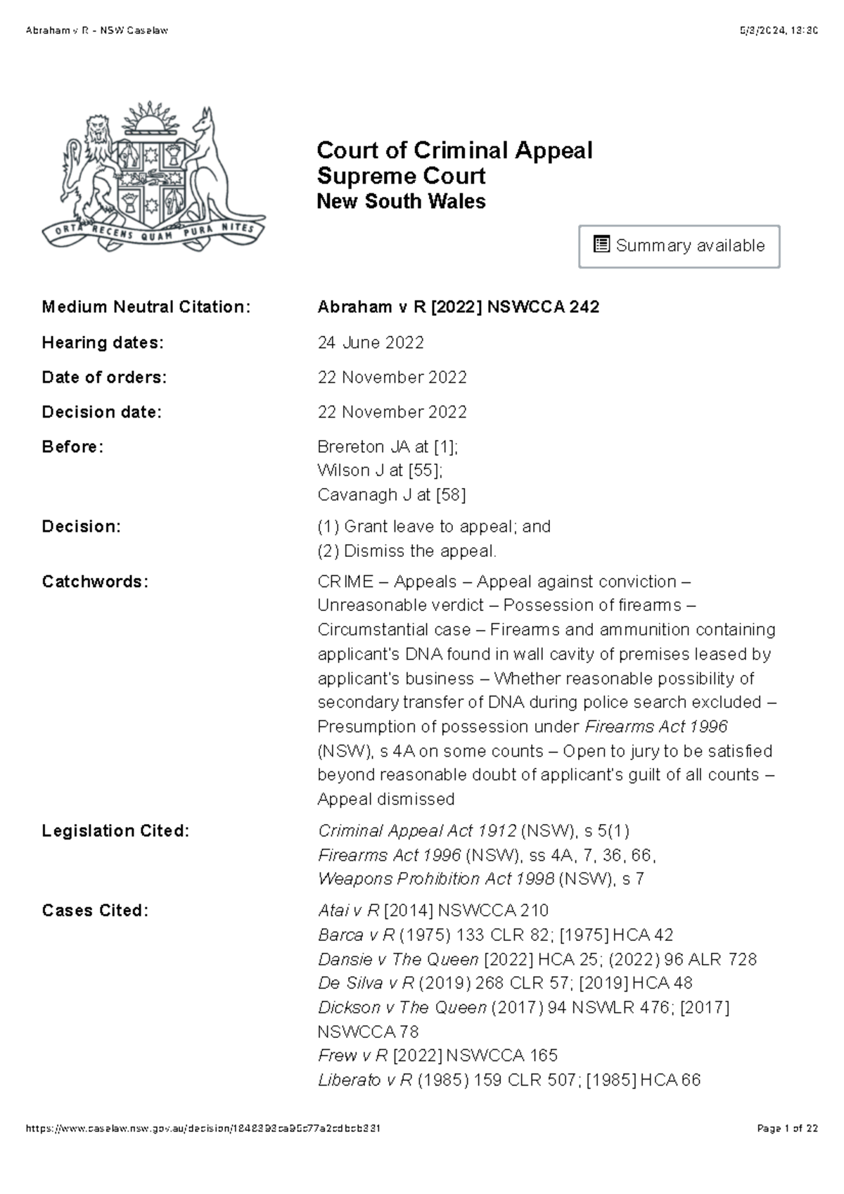 Abraham v R - NSW Caselaw - Medium Neutral Citation: Hearing dates ...
