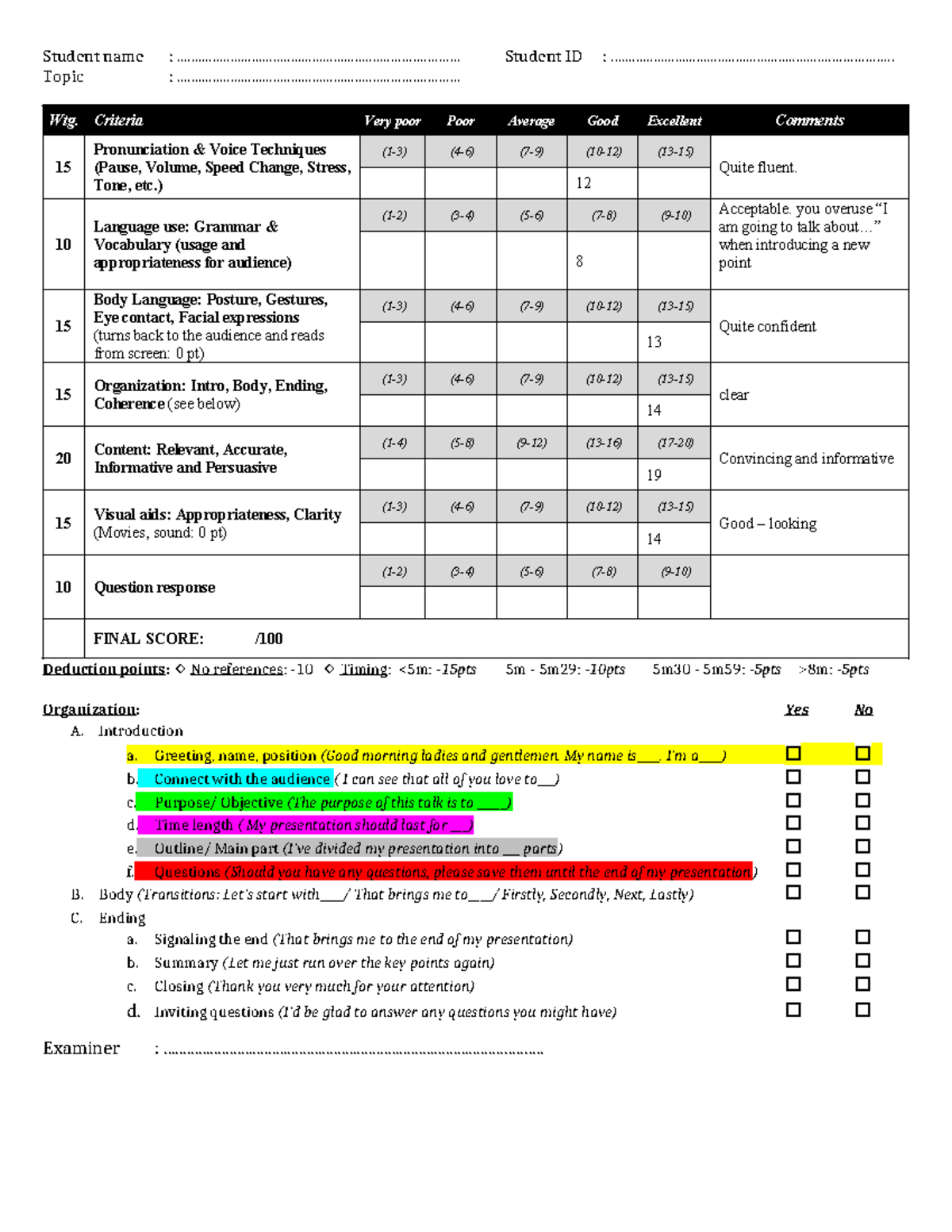 Speaking marksheet - Student name : - Studocu