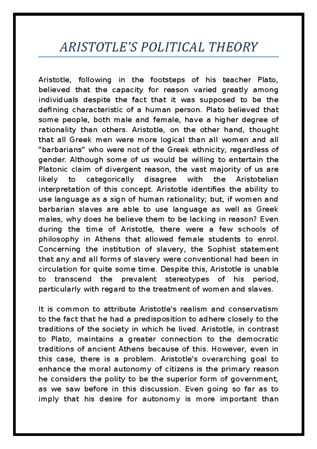 Aristotle's political Theory - ARISTOTLE'S POLITICAL THEORY Aristotle ...