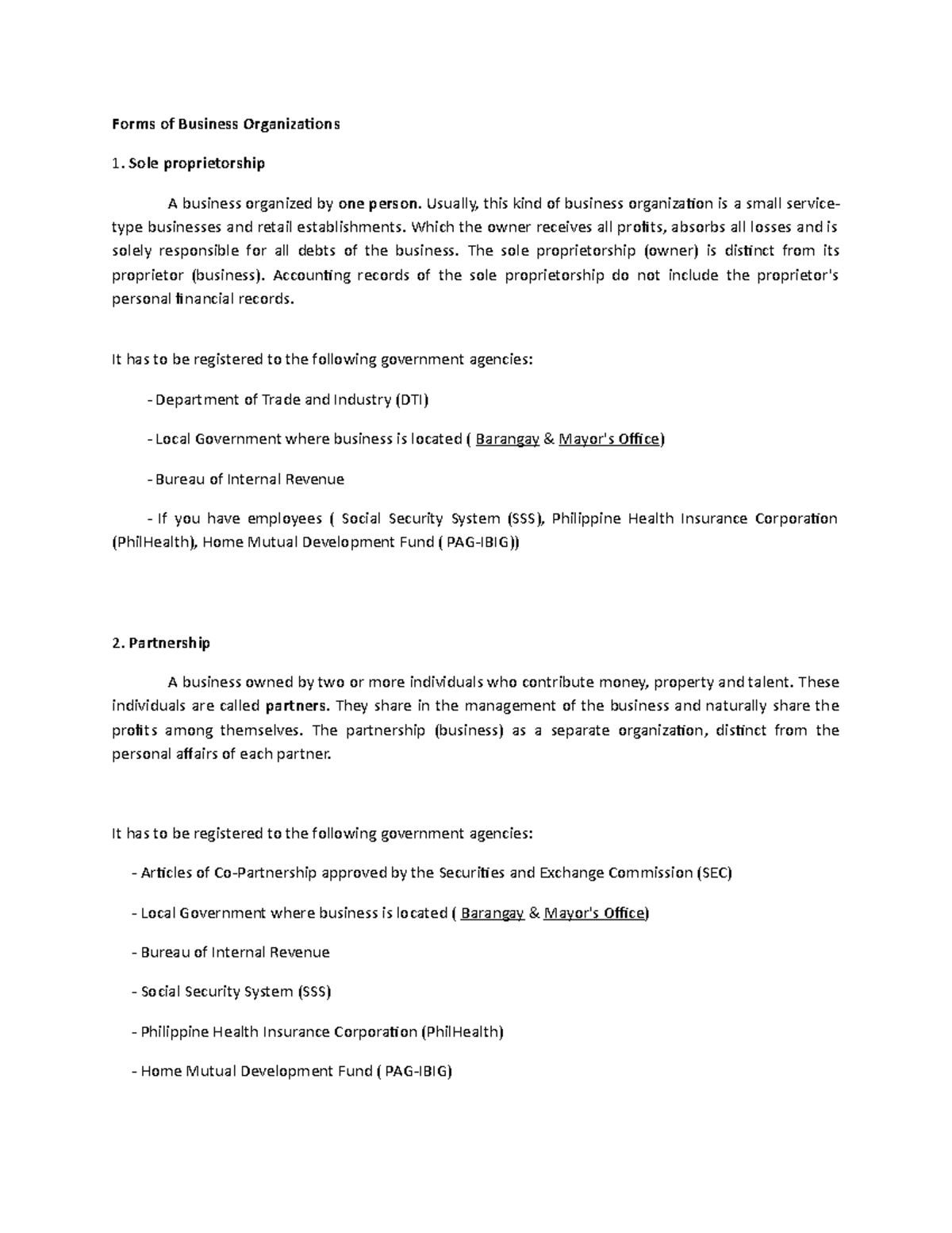 Business Organization - Forms of Business Organizaions Sole ...