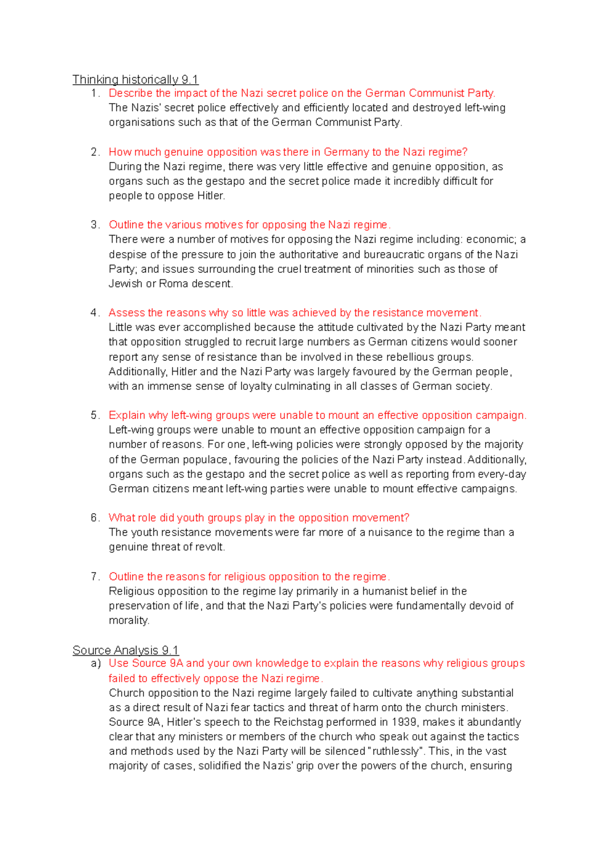 Opposition to the Nazi Regime Source Analysis - Thinking historically 9 ...