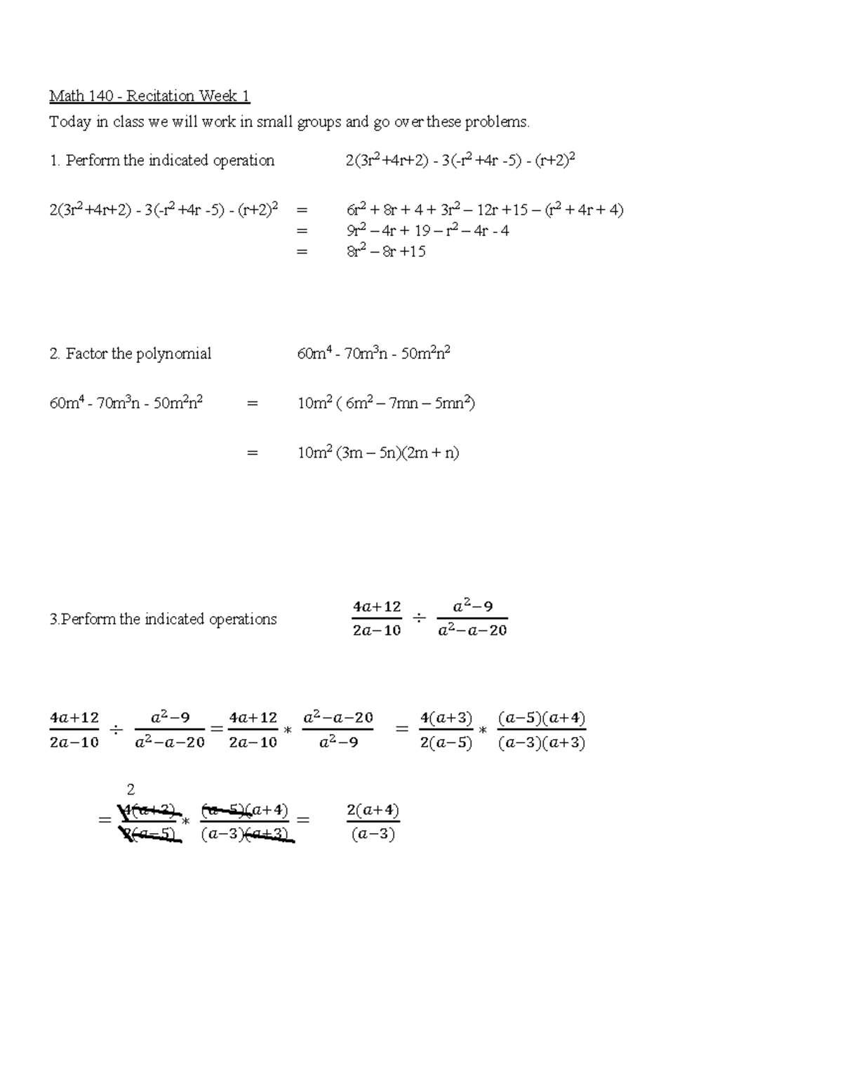 Recitation week 1 - day 1 solutions - Math 140 - Recitation Week 1 Today in class we will work ...