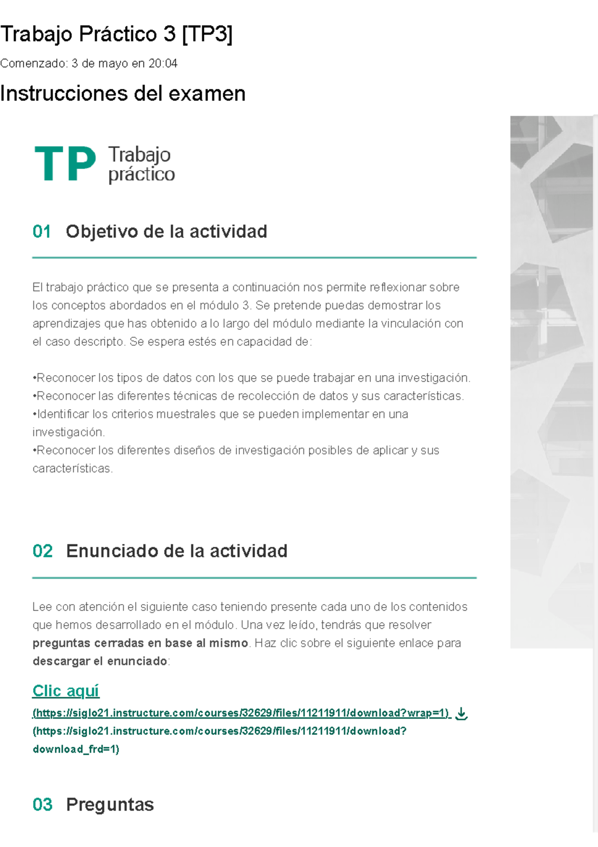 Métodos y Técnicas de Investigación TP3 - Inicia 90% BMR - Trabajo Práctico 3 [TP3] Comenzado: 3 ...