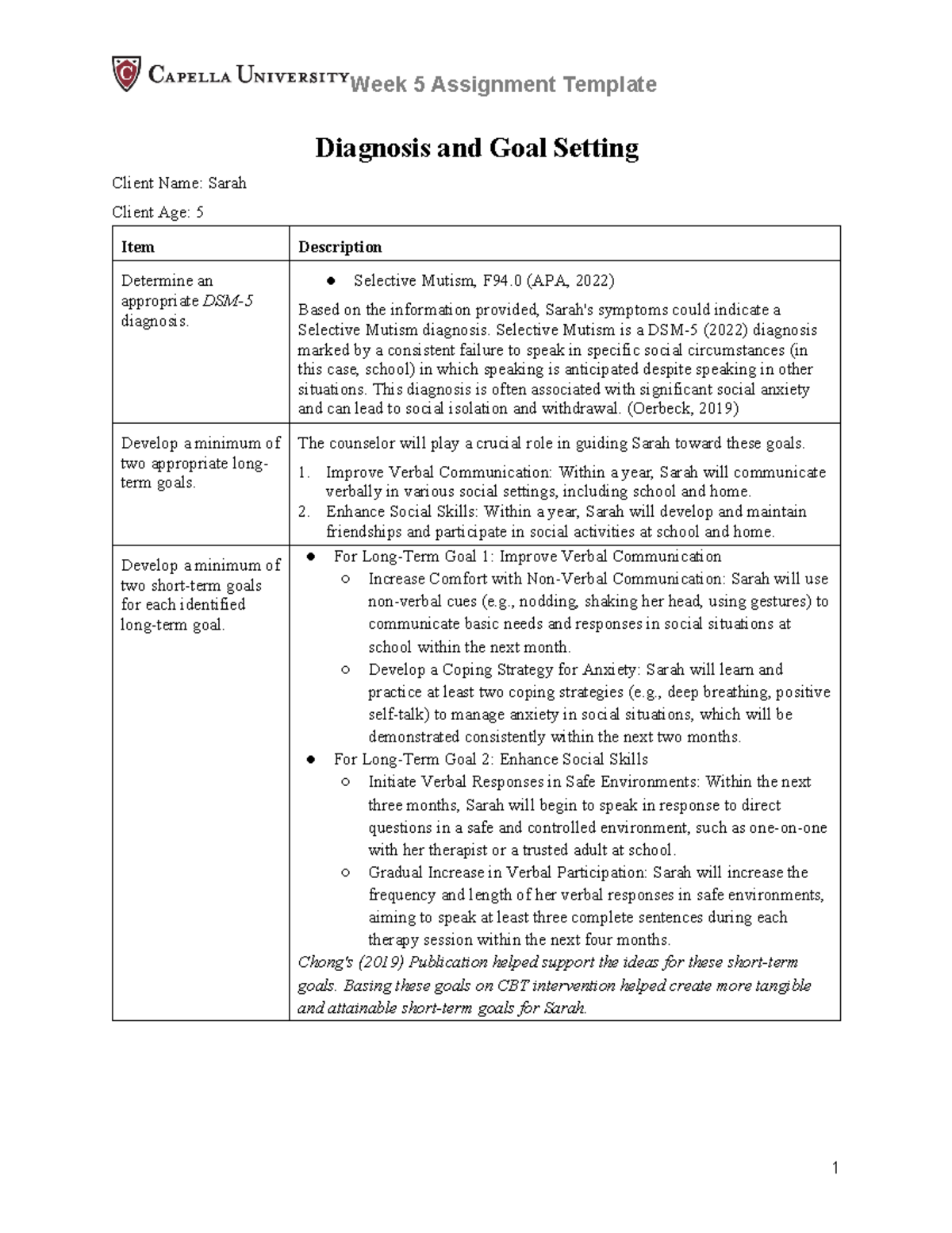 COUN5254 U5A1 - Unit 5 Assignment Diagnosis & Goal Setting - Diagnosis ...