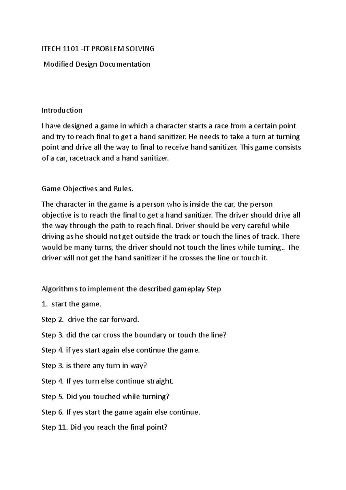 Updated design documentation - ITECH 1101 -IT PROBLEM SOLVING Modified Design Documentation ...