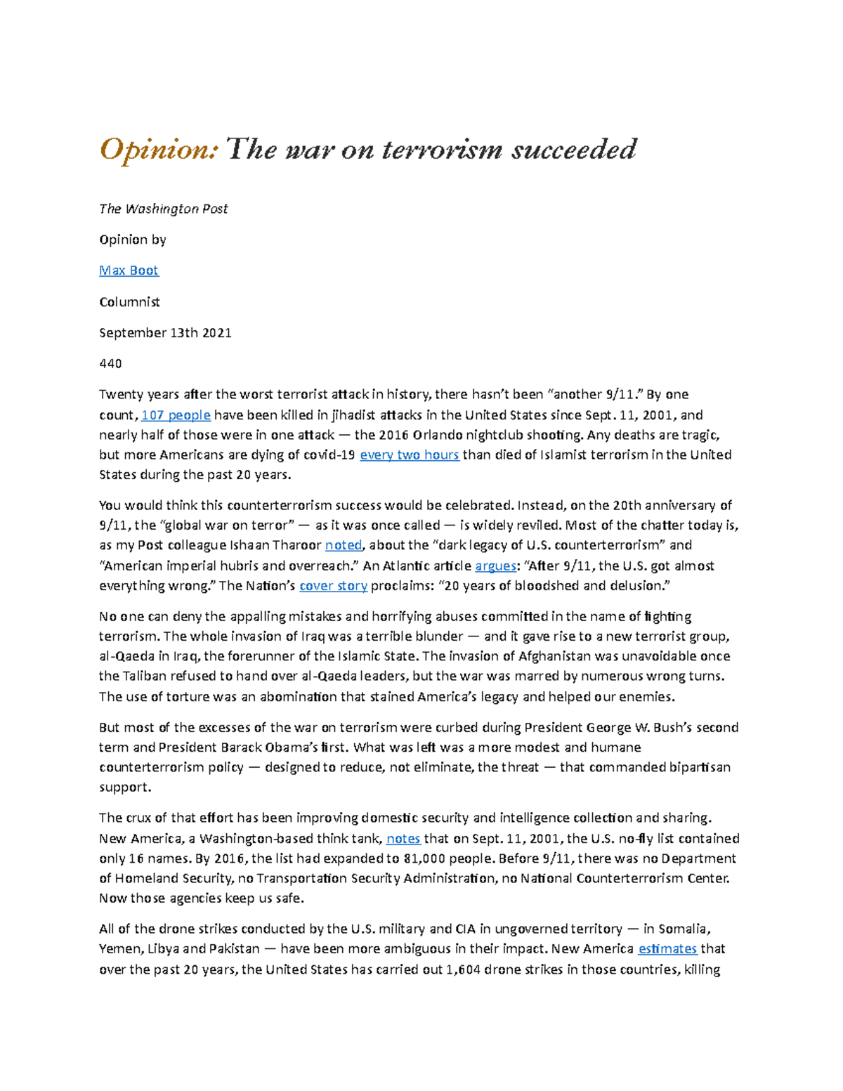 Boot - War on Terrorism WP - Opinion: The war on terrorism succeeded ...