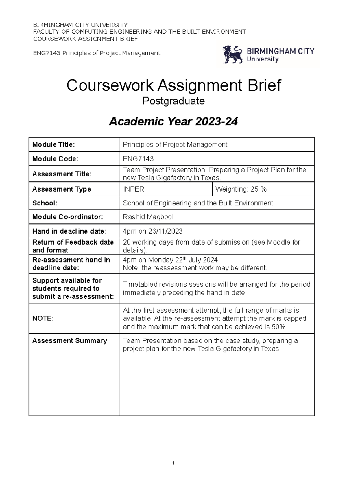 ENG7143 Inper Assessment Brief 2023-24 (1) - BIRMINGHAM CITY UNIVERSITY FACULTY OF COMPUTING ...