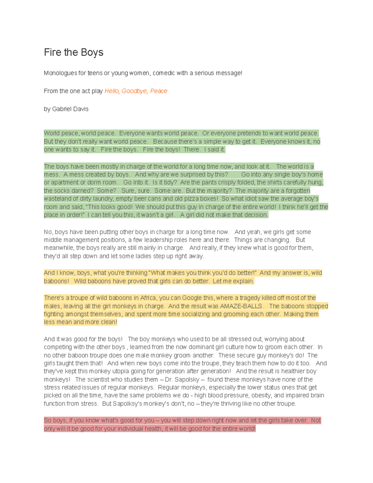 Hello, Goodbye, Peace Monologue - Fire the Boys Monologues for teens or ...