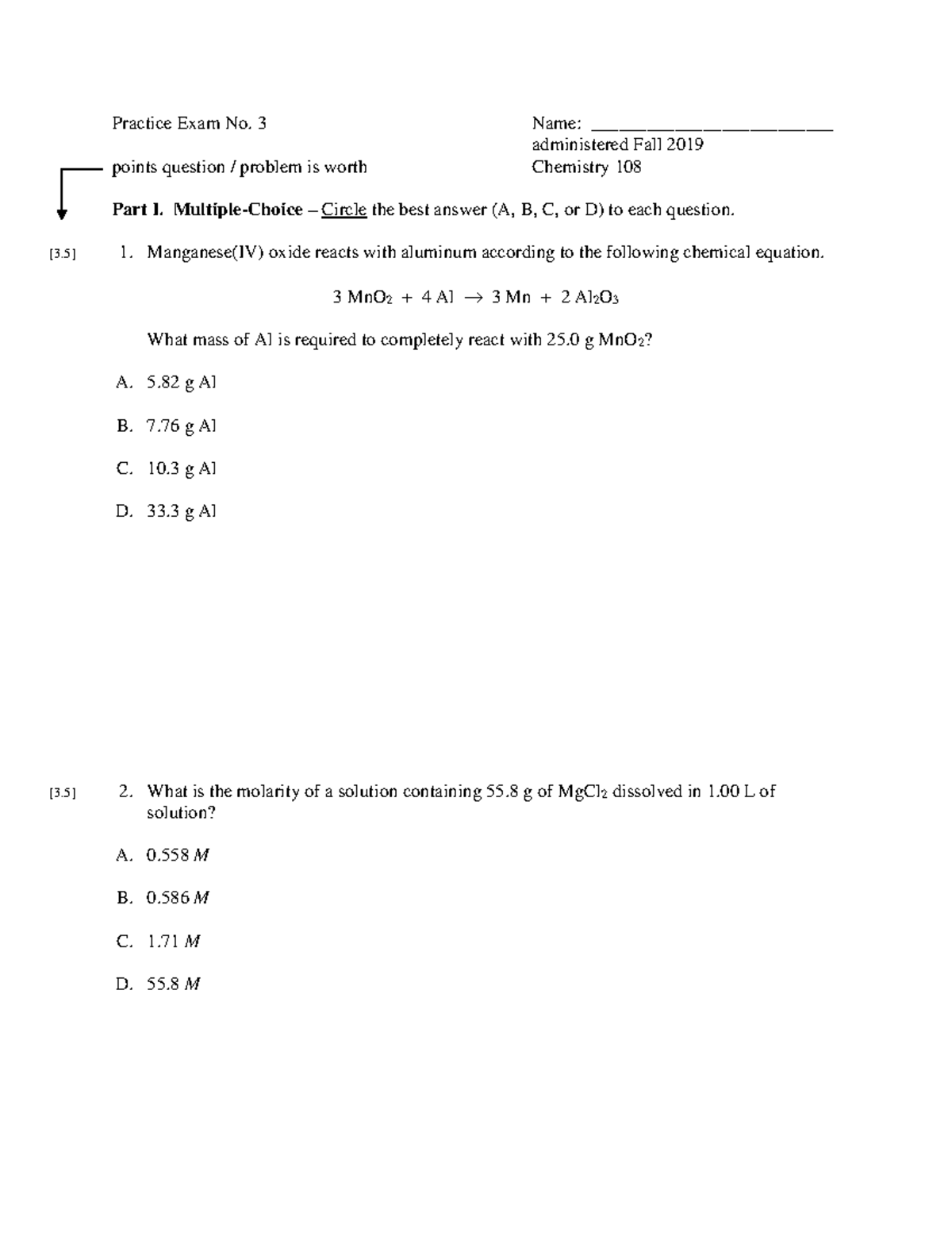 CHM108 Practice Exam 3 Sp21 - Practice Exam No. 3 Name ...