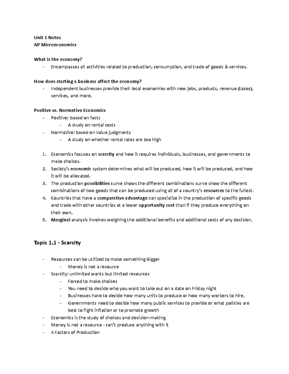 Unit 1 Notes - AP Microeconomics - Unit 1 Notes AP Microeconomics What ...