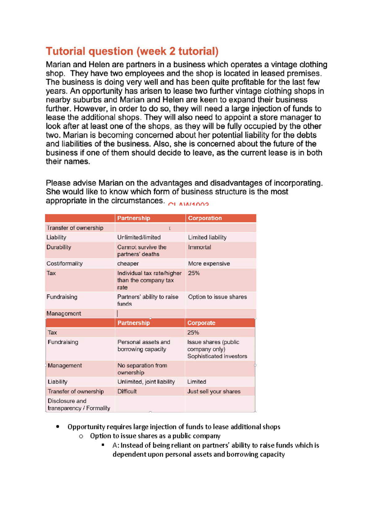 Tutorial Questions - Opportunity requires large injection of funds to lease additional shops o ...